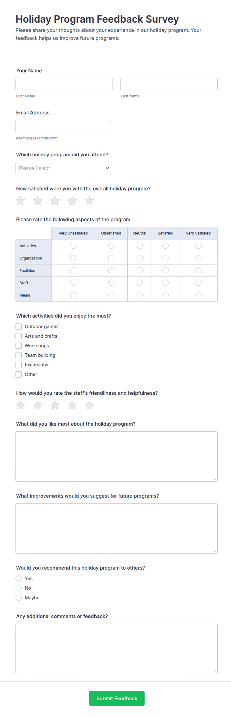 Holiday Program Feedback Survey Form Template | Jotform