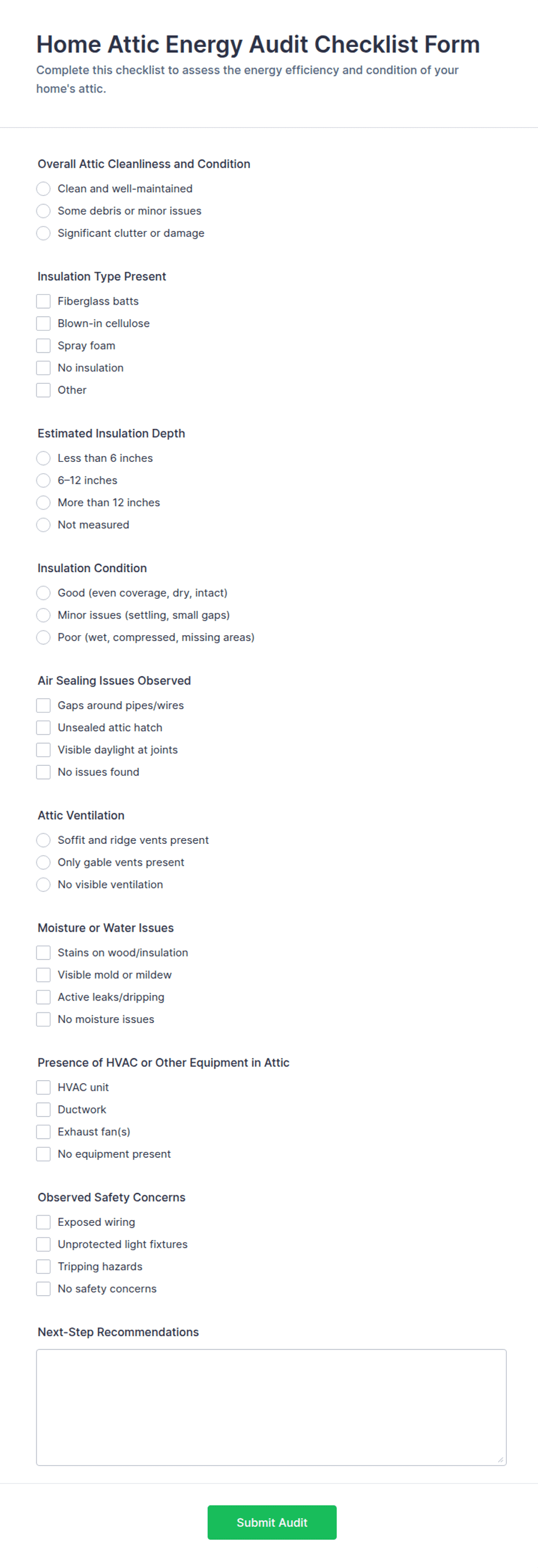 Home Attic Energy Audit Checklist Form Template | Jotform