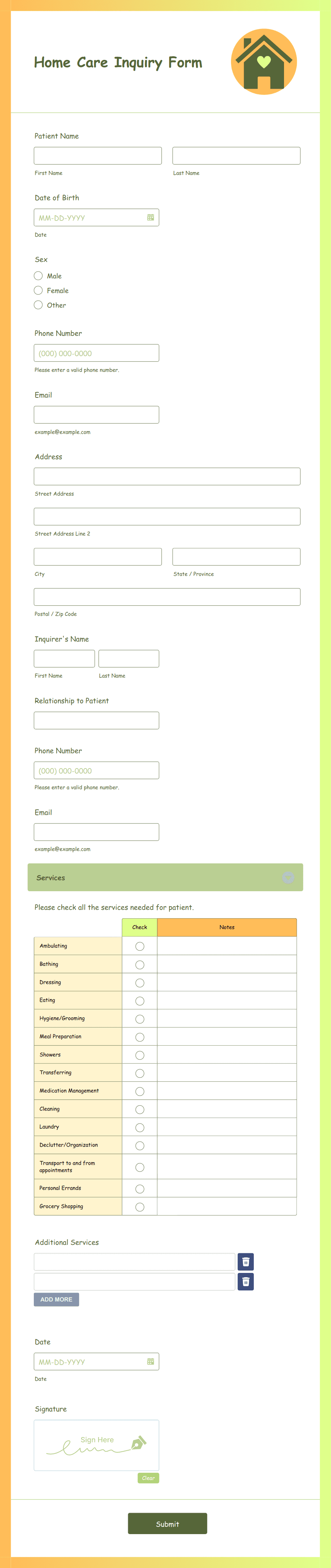 Home Care Inquiry Form Template | Jotform