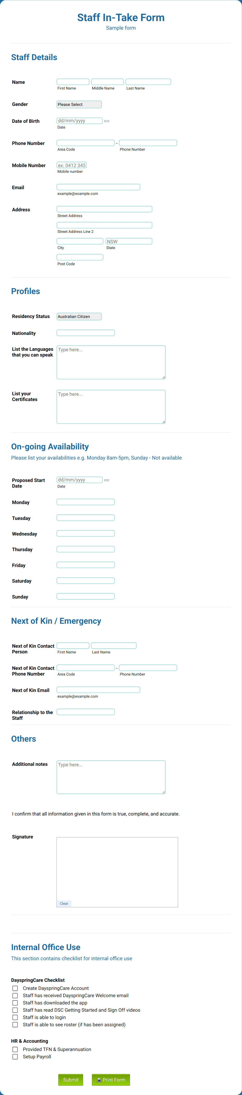 Home Care Support Worker Intake Form Template | Jotform