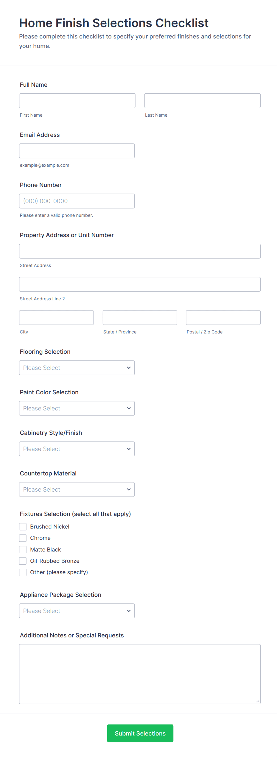 Home Finish Selections Checklist Form Template | Jotform