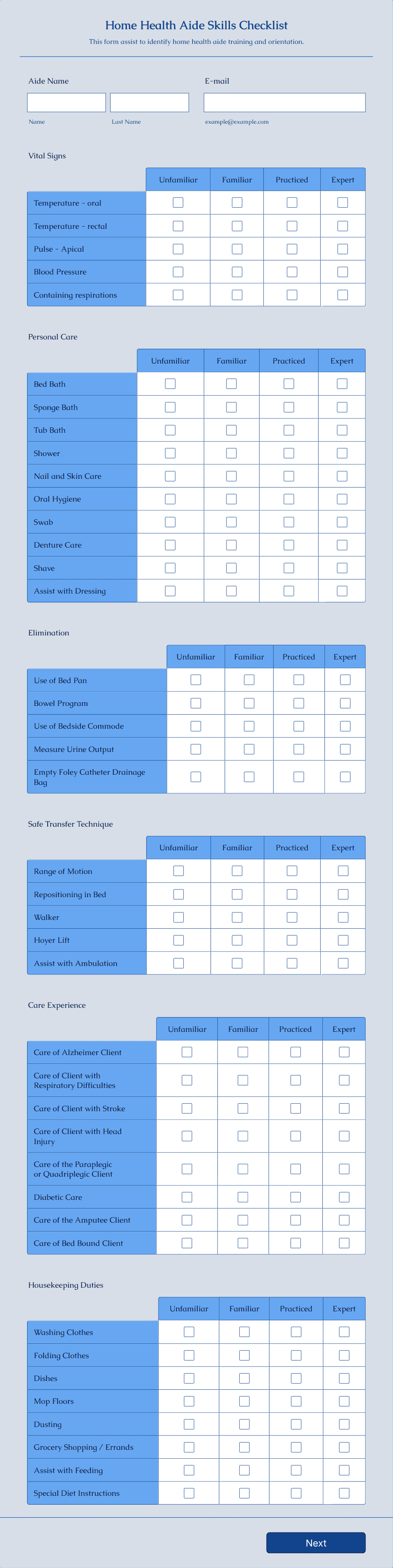 Home Health Aide Skills Checklist Form Template | Jotform
