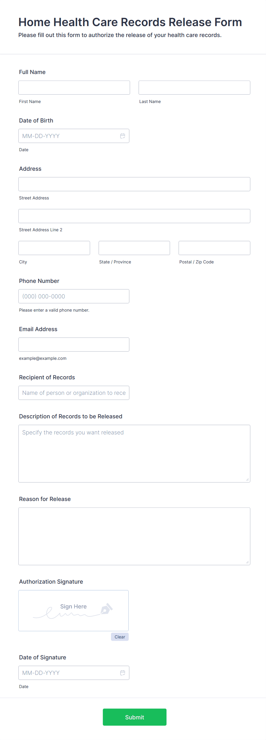 Home Health Care Records Release Form Template | Jotform