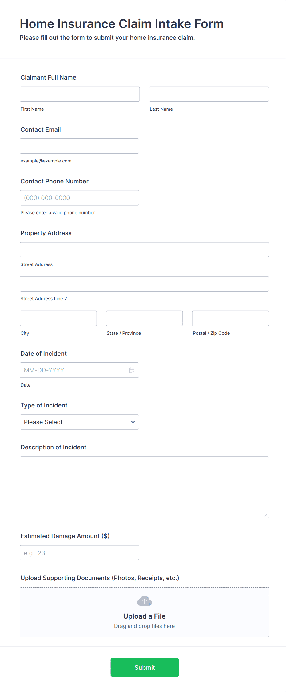 Home Insurance Claim Intake Form Template | Jotform