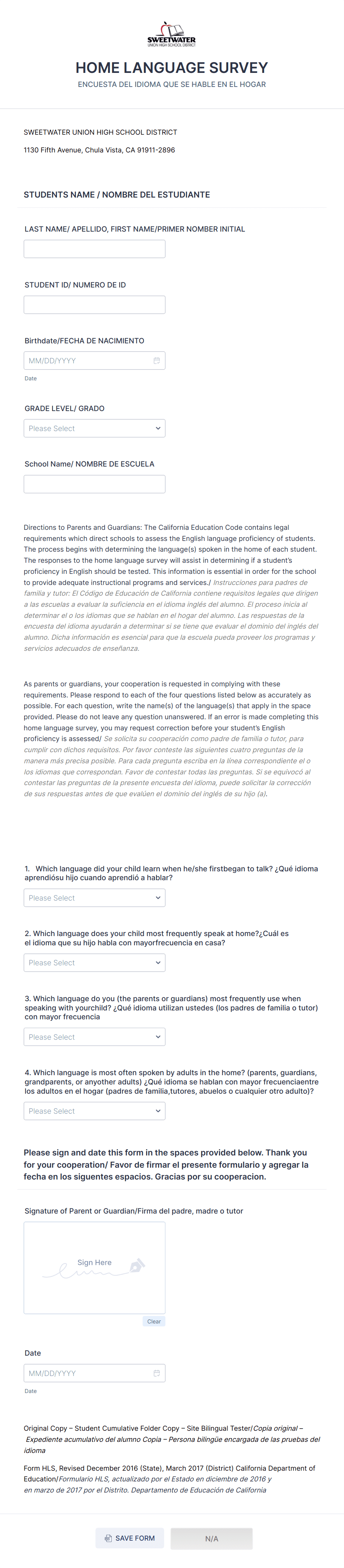 HOME LANGUAGE SURVEY Form Template | Jotform