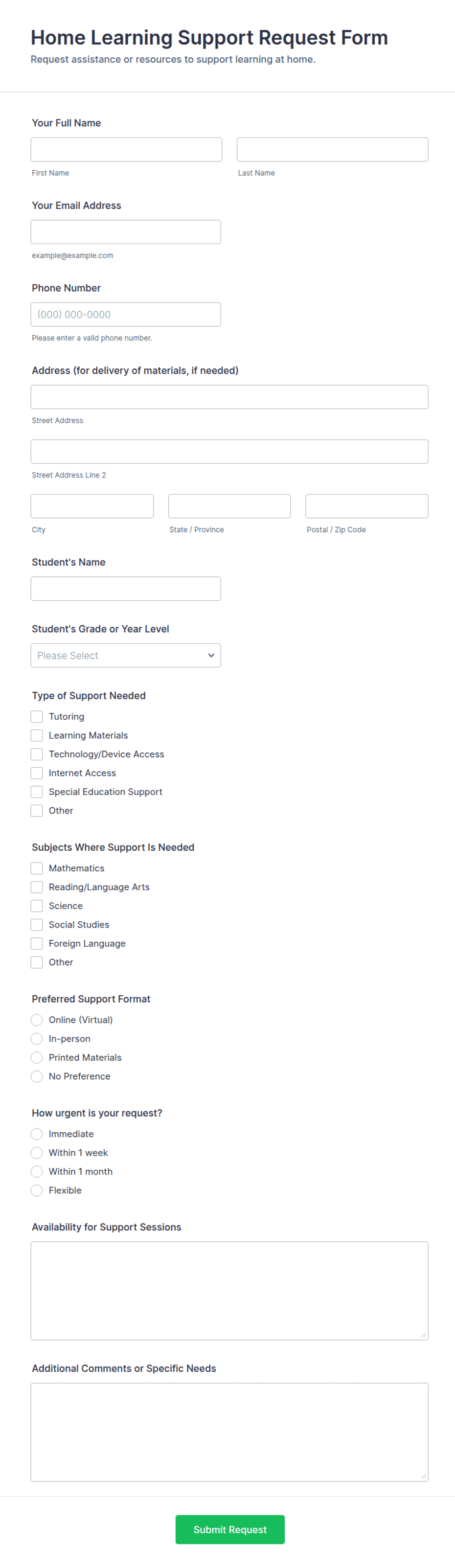 Home Learning Support Request Form Template | Jotform