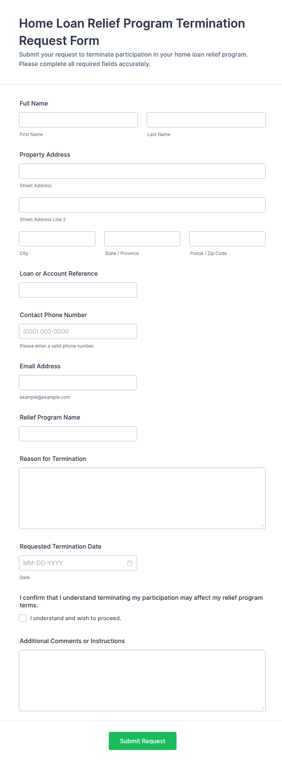 Home Loan Relief Program Termination Request Form Template | Jotform