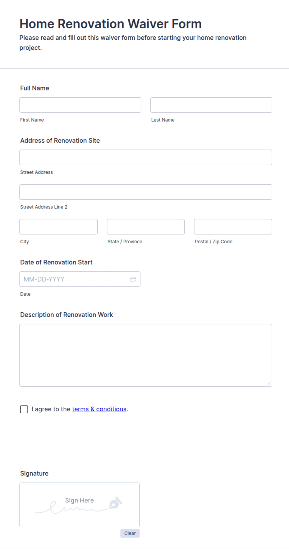 Home Renovation Waiver Form Template | Jotform