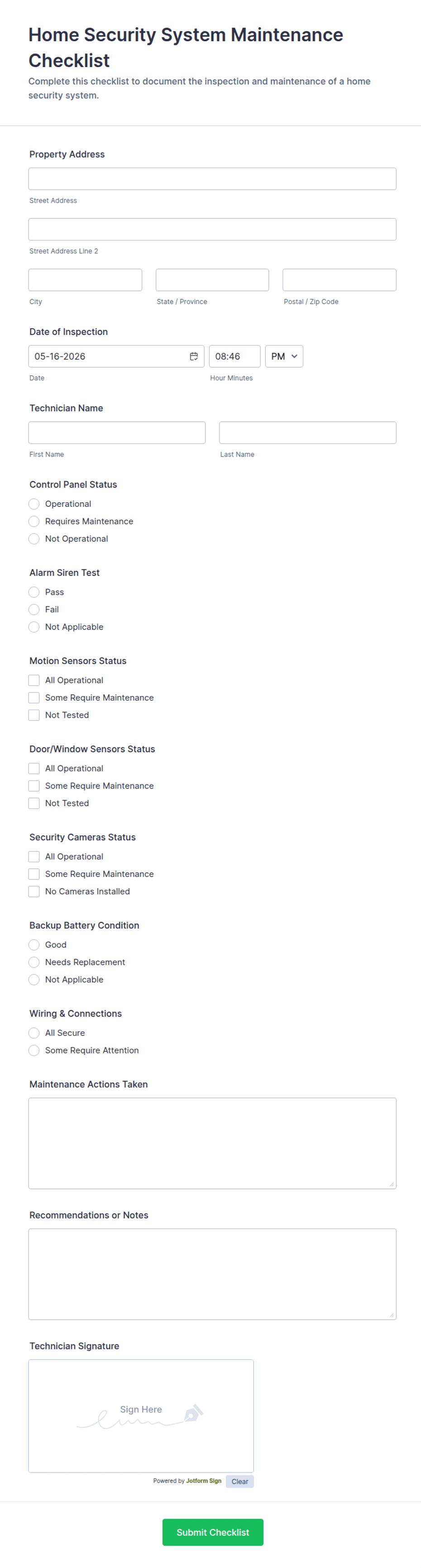Home Security System Maintenance Checklist Form Template | Jotform