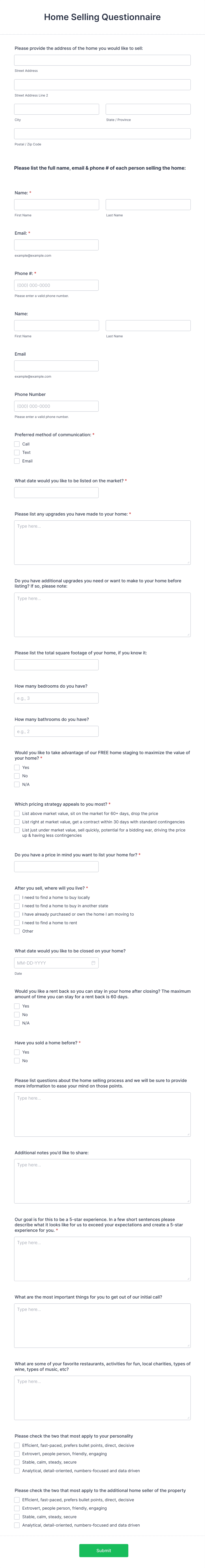 Home Selling Questionnaire Form Template | Jotform