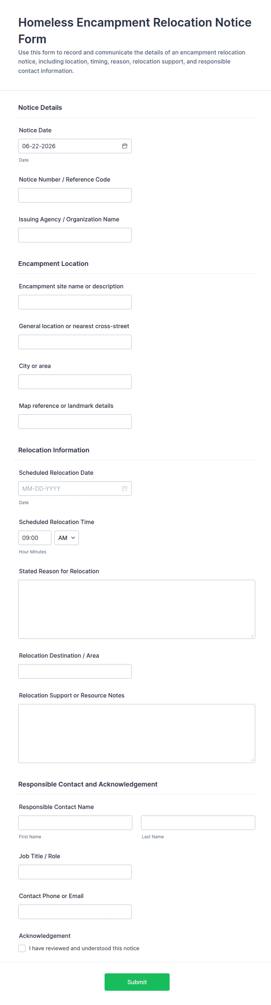 Homeless Encampment Relocation Notice Form Template | Jotform