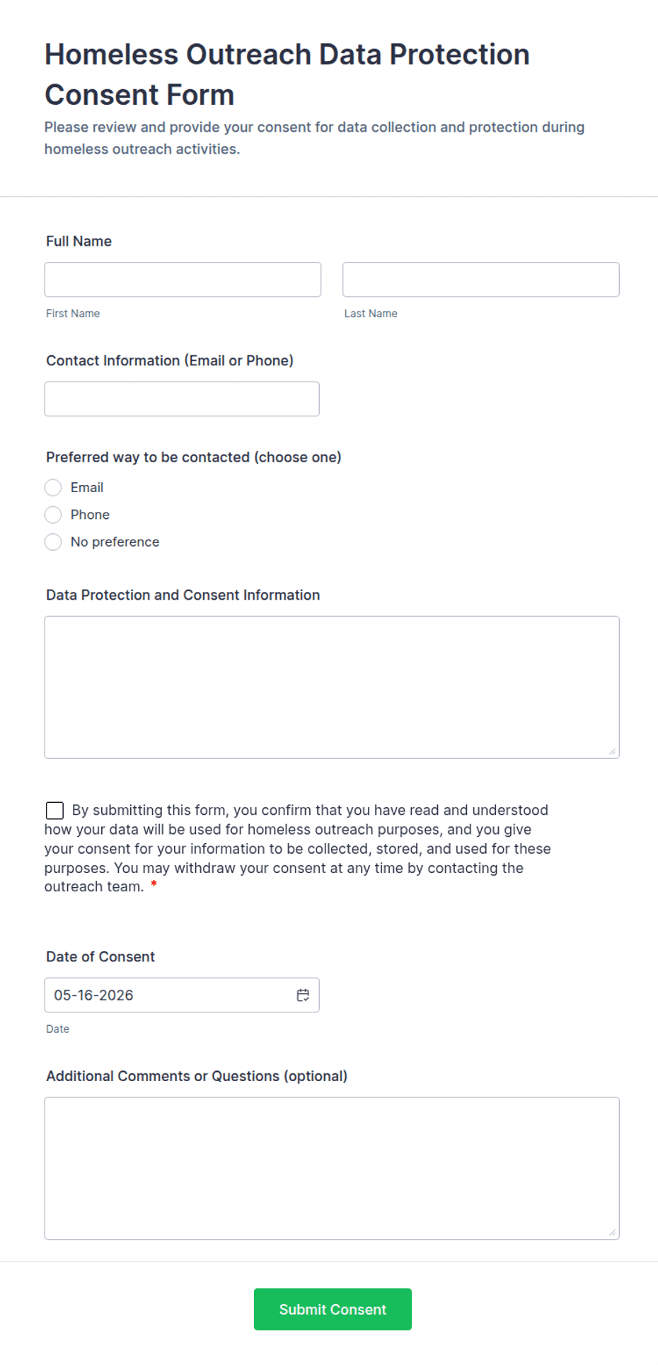 Homeless Outreach Data Protection Consent Form Template | Jotform