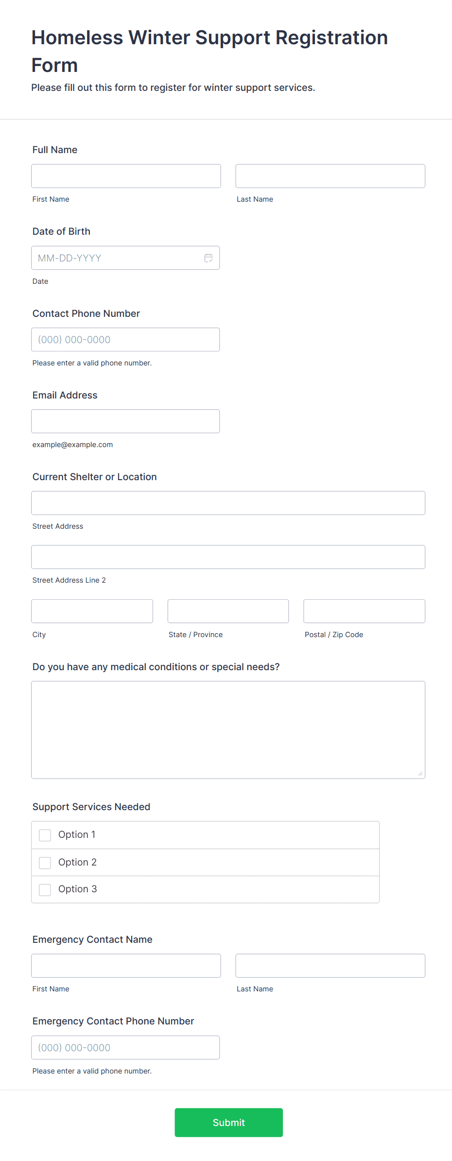 Homeless Winter Support Registration Form Template | Jotform