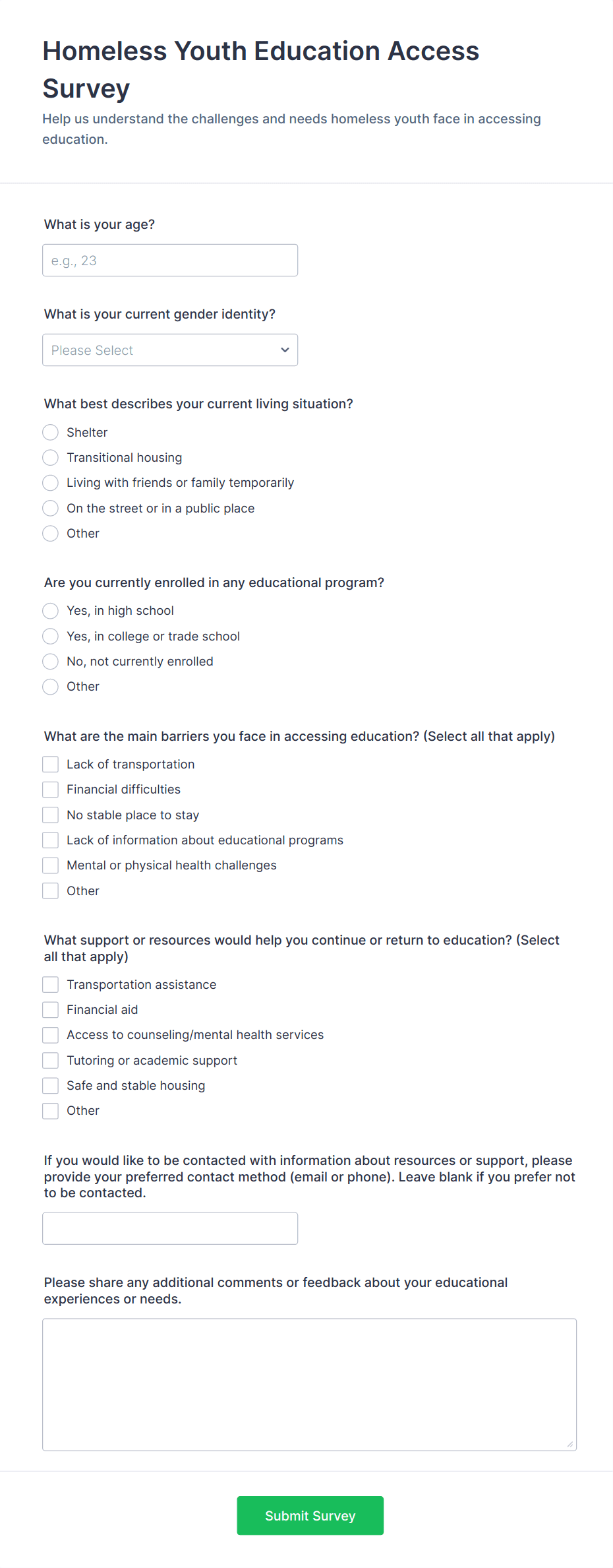 Homeless Youth Education Access Survey Form Template | Jotform