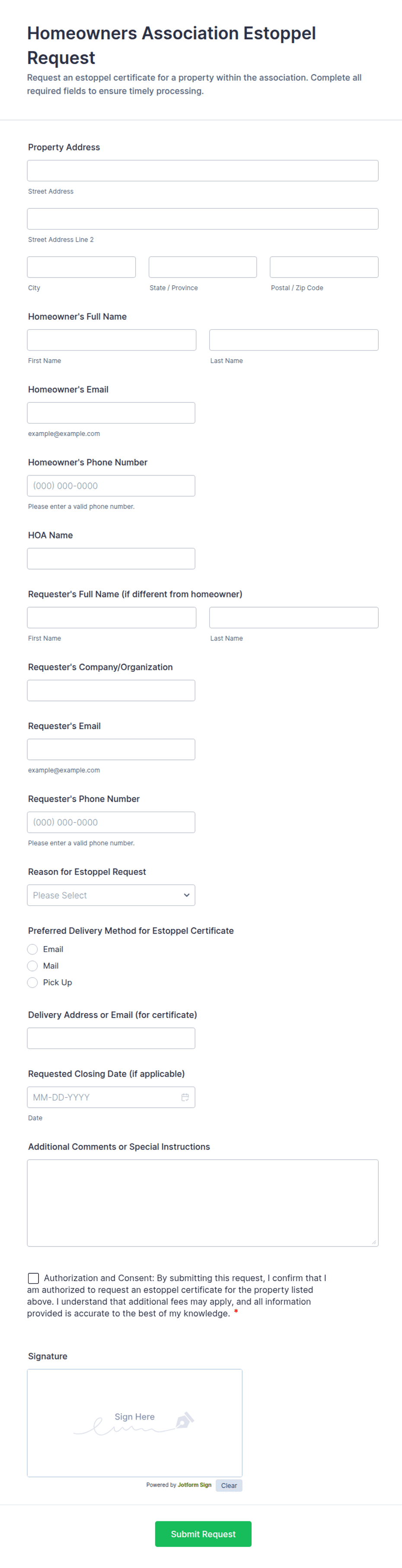 Homeowners Association Estoppel Request Form Template | Jotform