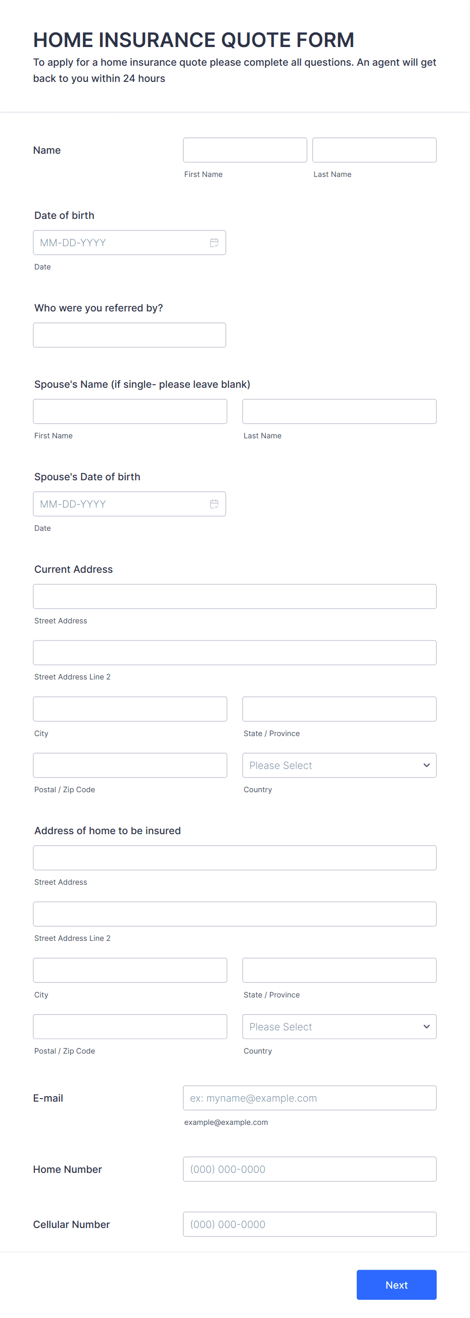 Homeowners Insurance Quote Questionnaire Form Template | Jotform