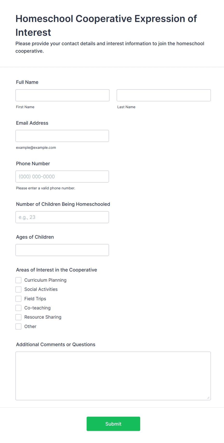 Homeschool Cooperative Expression of Interest Form Template | Jotform