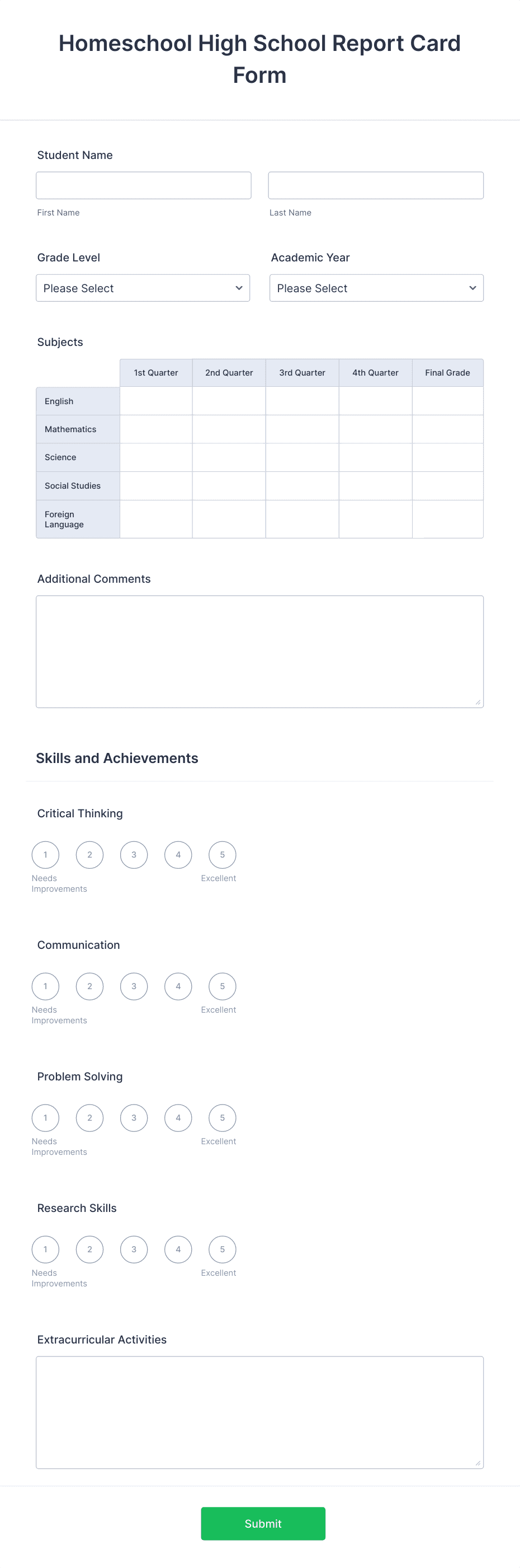 Homeschool High School Report Card Form Template | Jotform