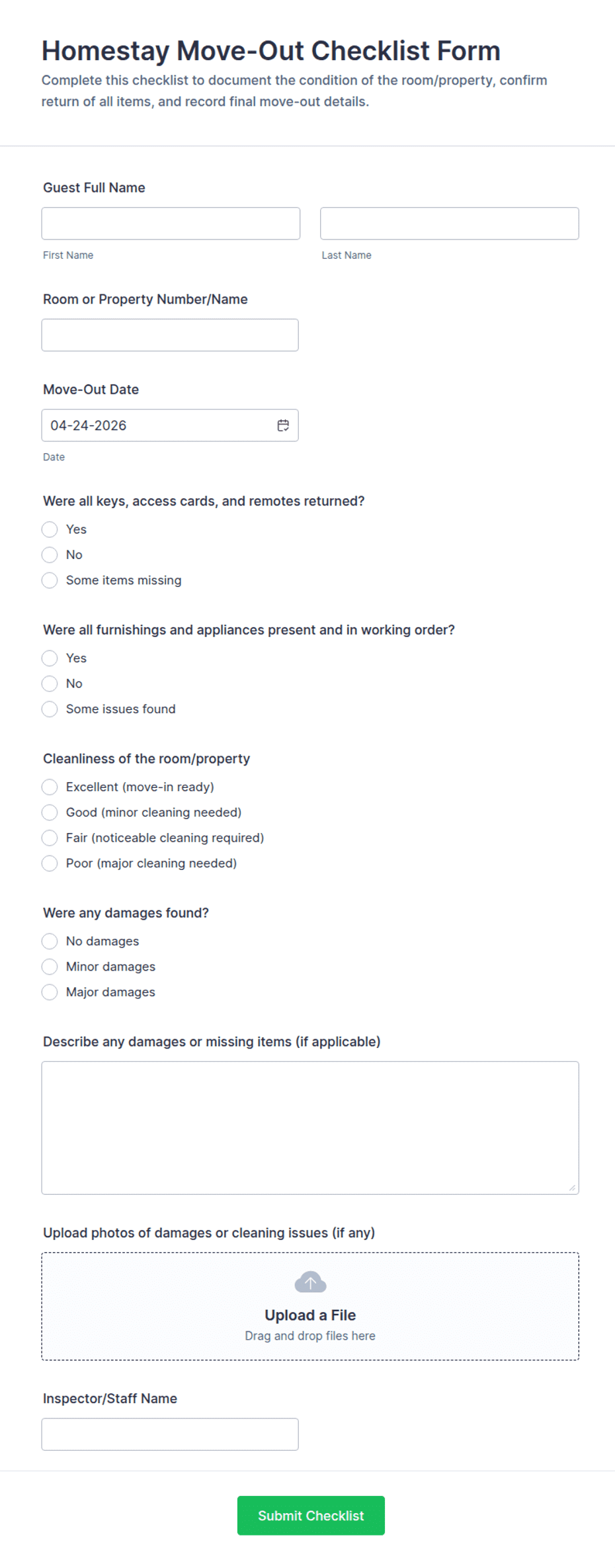 Homestay Move-Out Checklist Form Template | Jotform