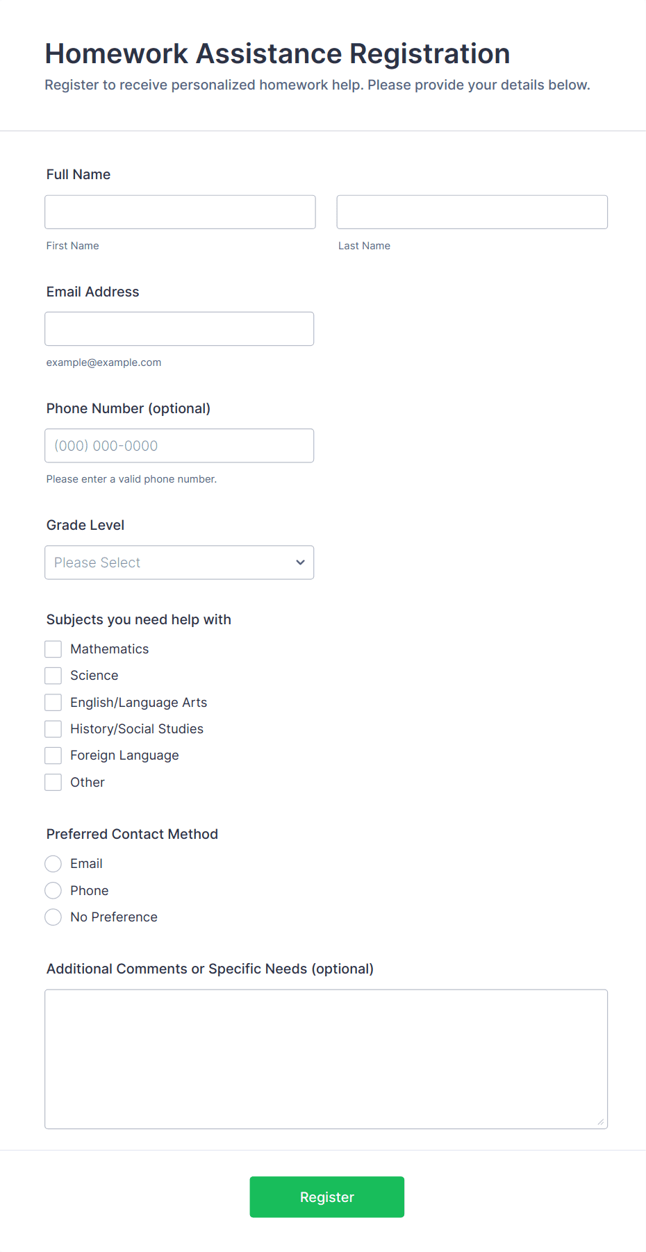 Homework Assistance Registration Form Template | Jotform
