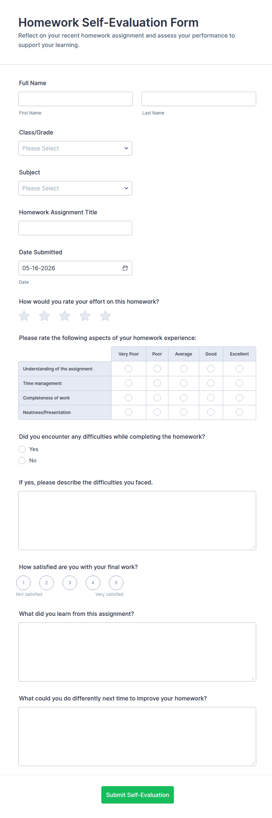 Homework Self-Evaluation Form Template | Jotform