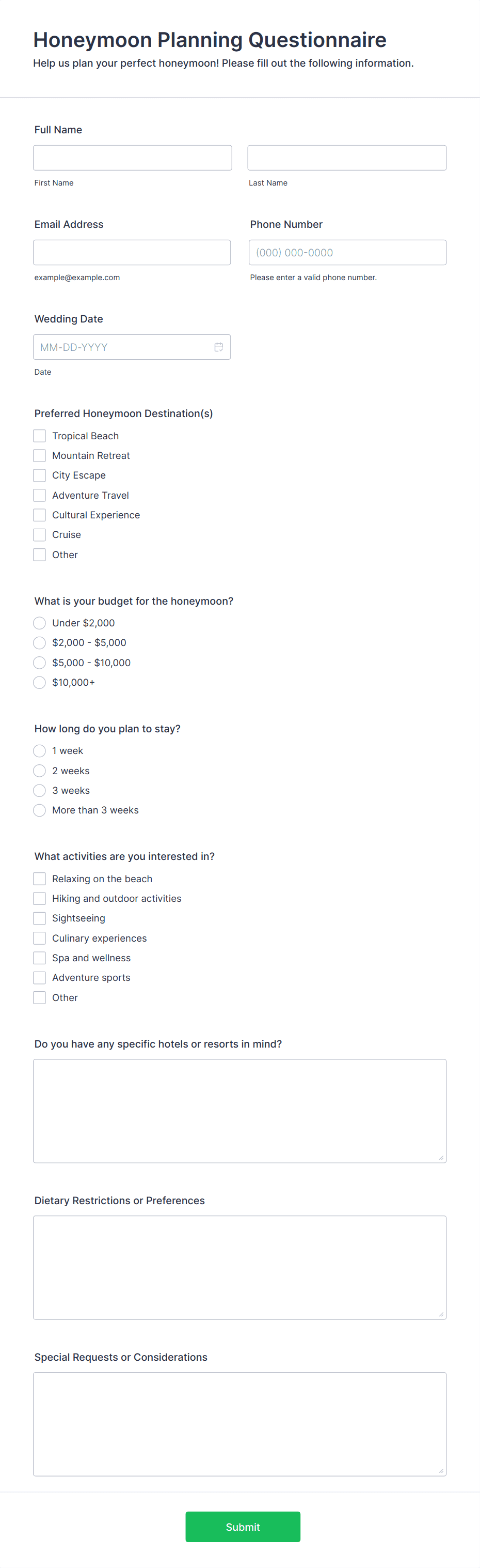Honeymoon Planning Questionnaire Form Template | Jotform