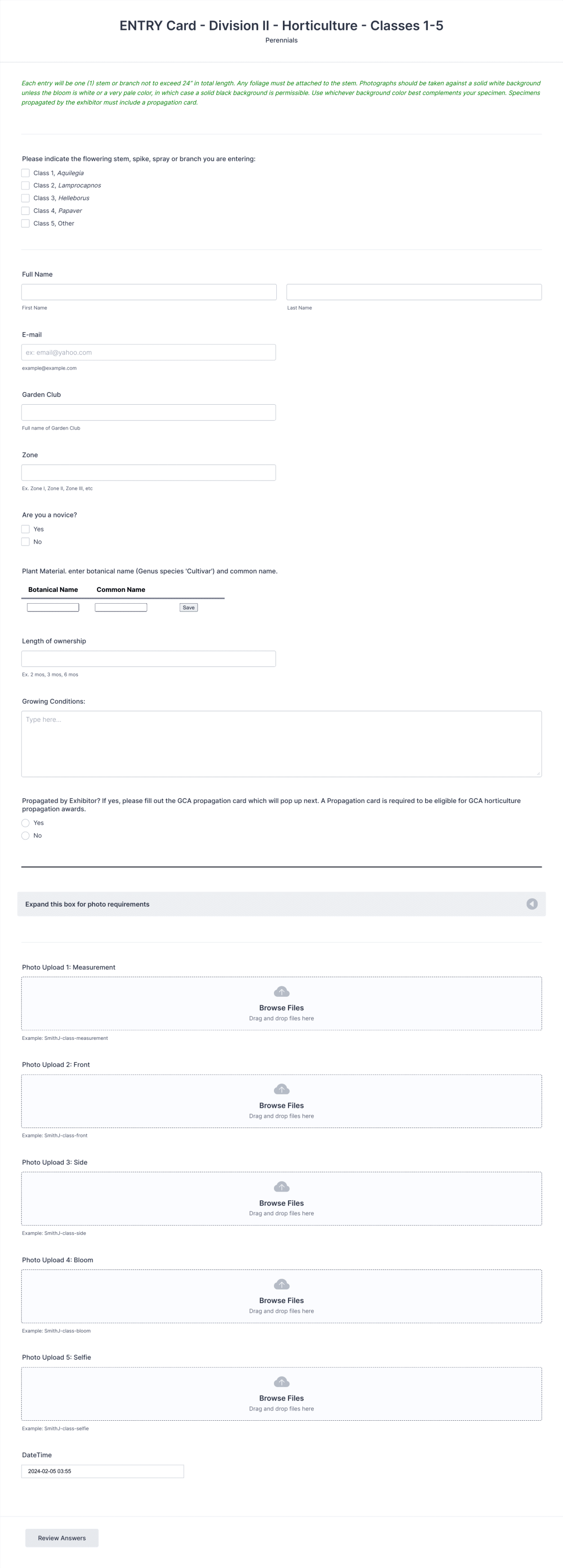 Horticulture Entry Card Form Template | Jotform