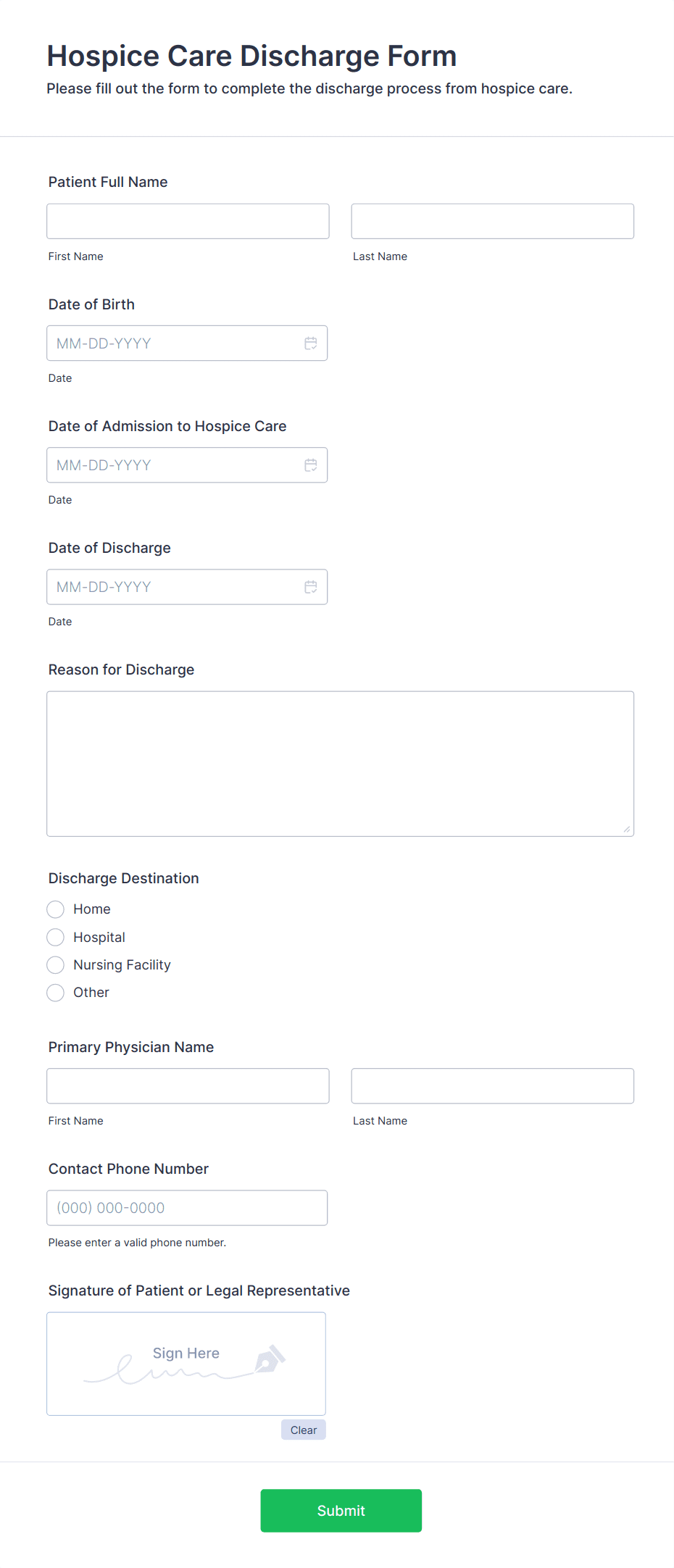 Hospice Care Discharge Form Template | Jotform