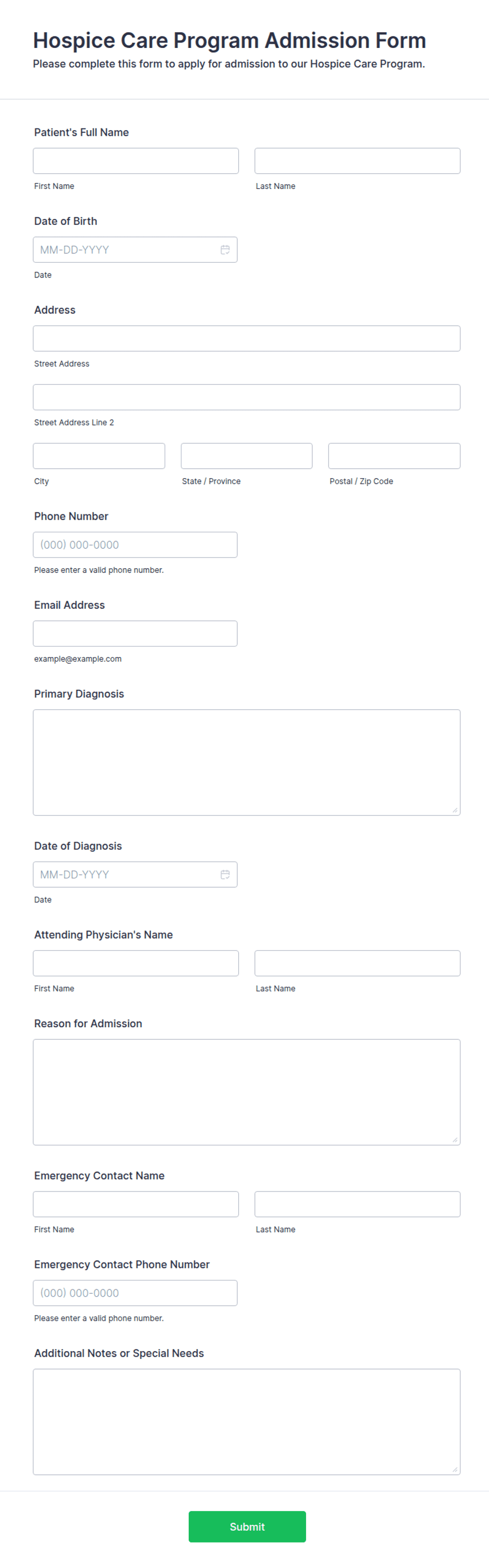 Hospice Care Program Admission Form Template | Jotform