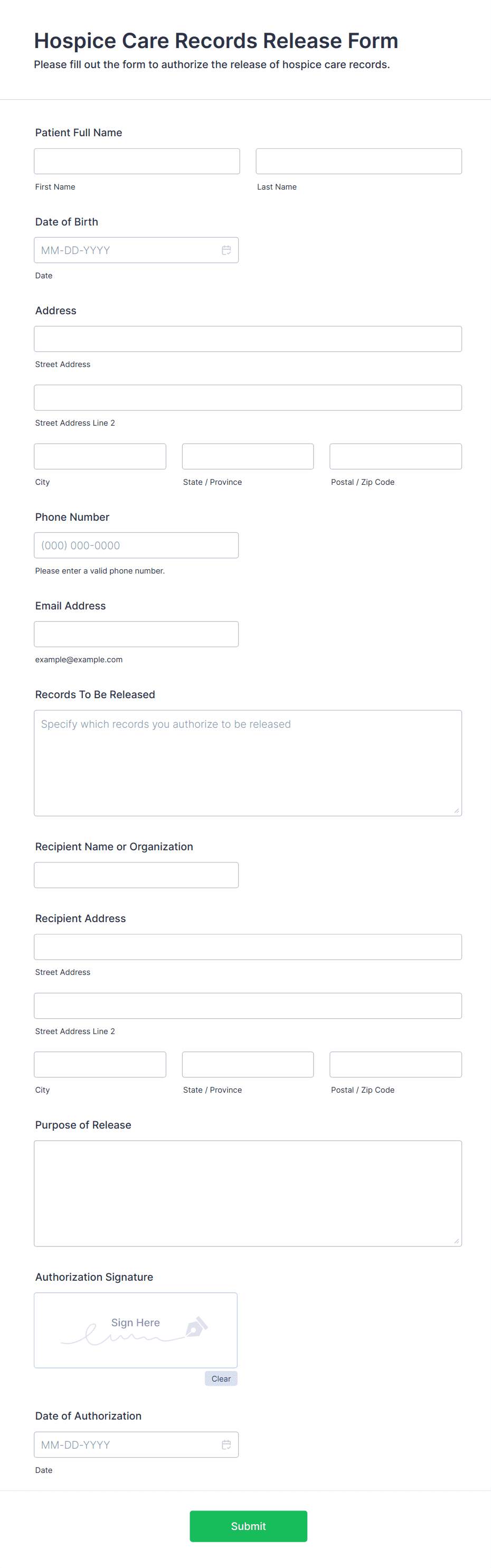 Hospice Care Records Release Form Template | Jotform