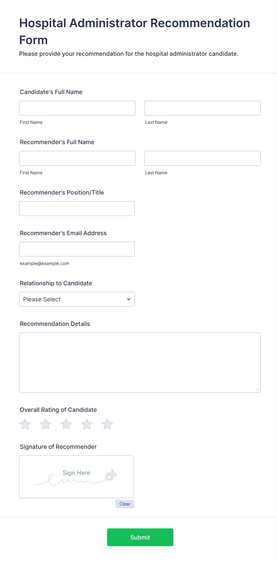 Hospital Administrator Recommendation Form Template | Jotform