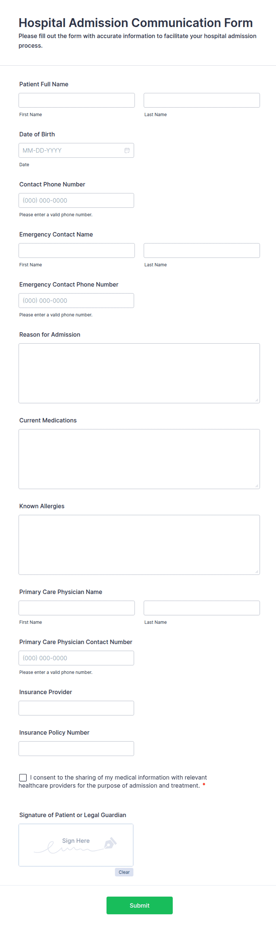 Hospital Admission Communication Form Template | Jotform