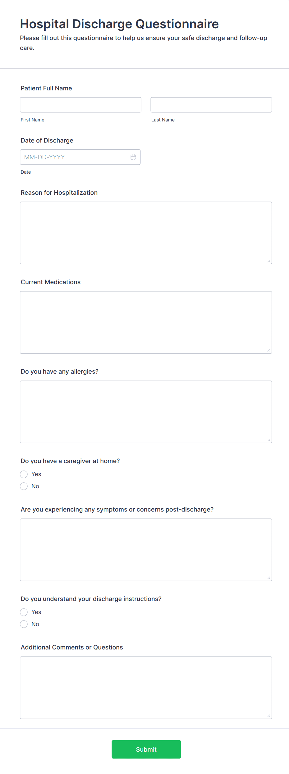 Hospital Discharge Questionnaire Form Template | Jotform