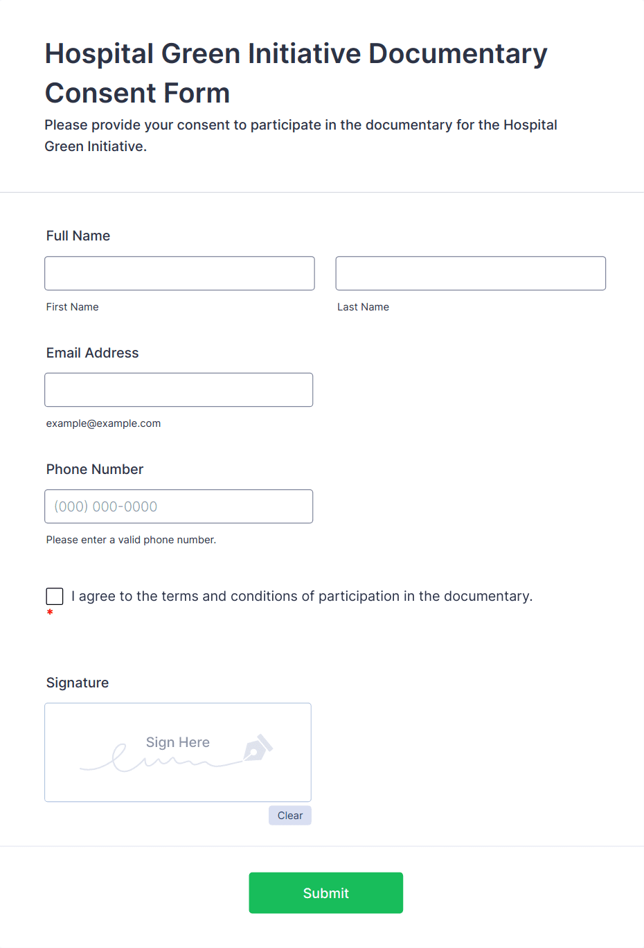Hospital Green Initiative Documentary Consent Form Template | Jotform