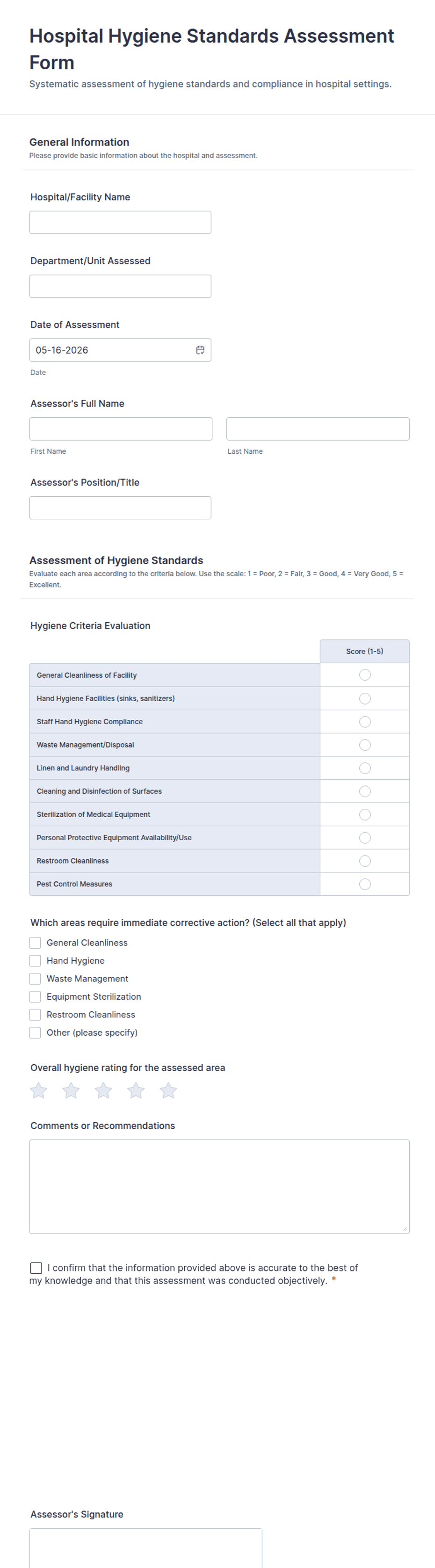 Hospital Hygiene Standards Assessment Form Template | Jotform