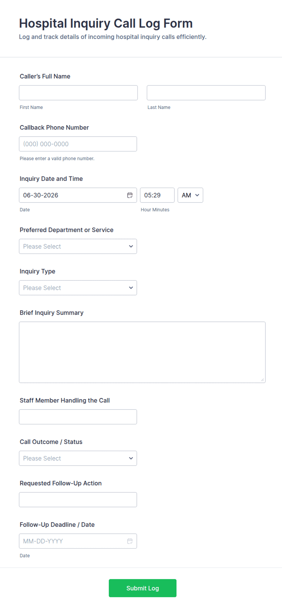 Hospital Inquiry Call Log Form Template | Jotform
