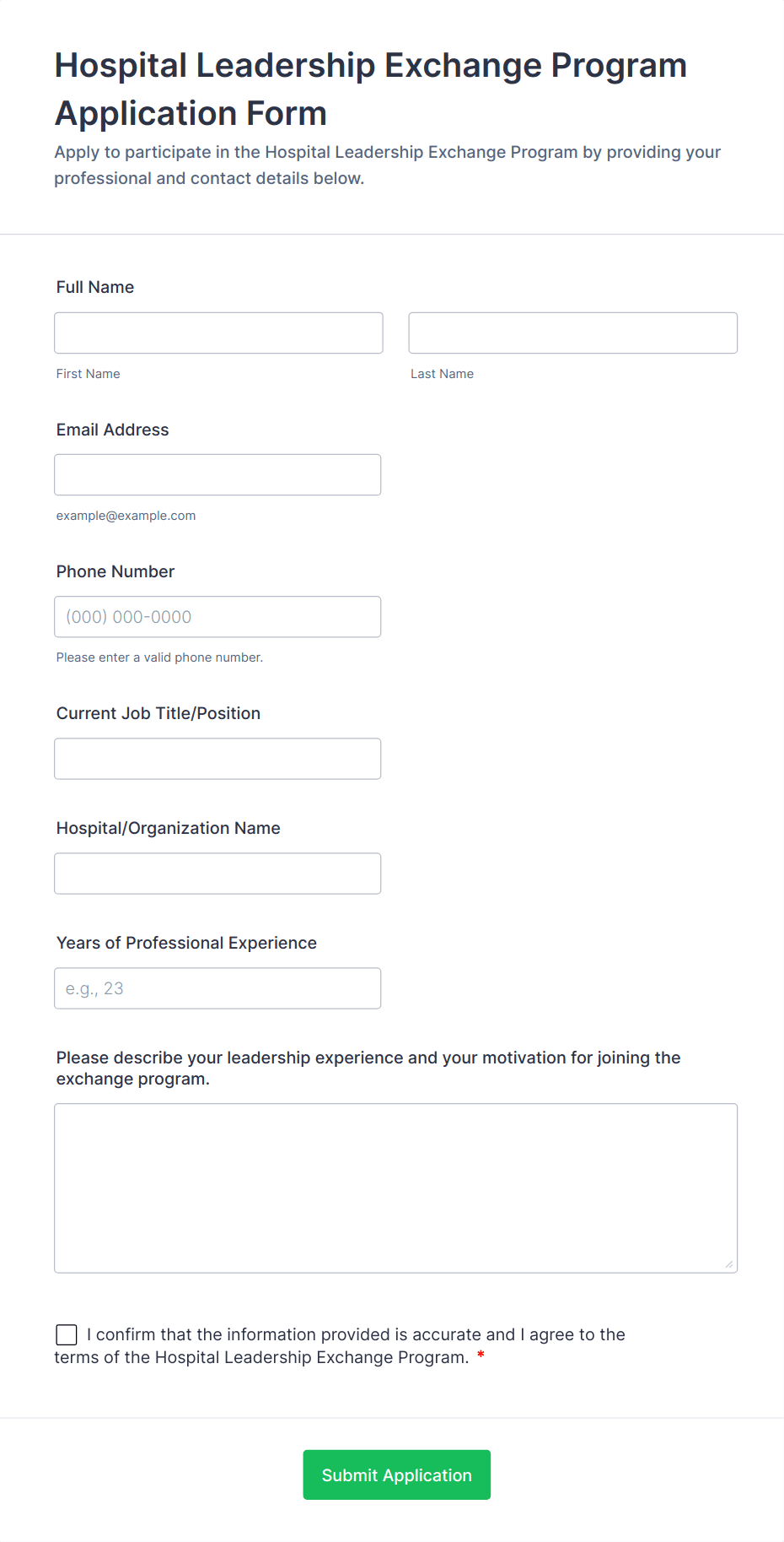 Hospital Leadership Exchange Program Application Form Template | Jotform