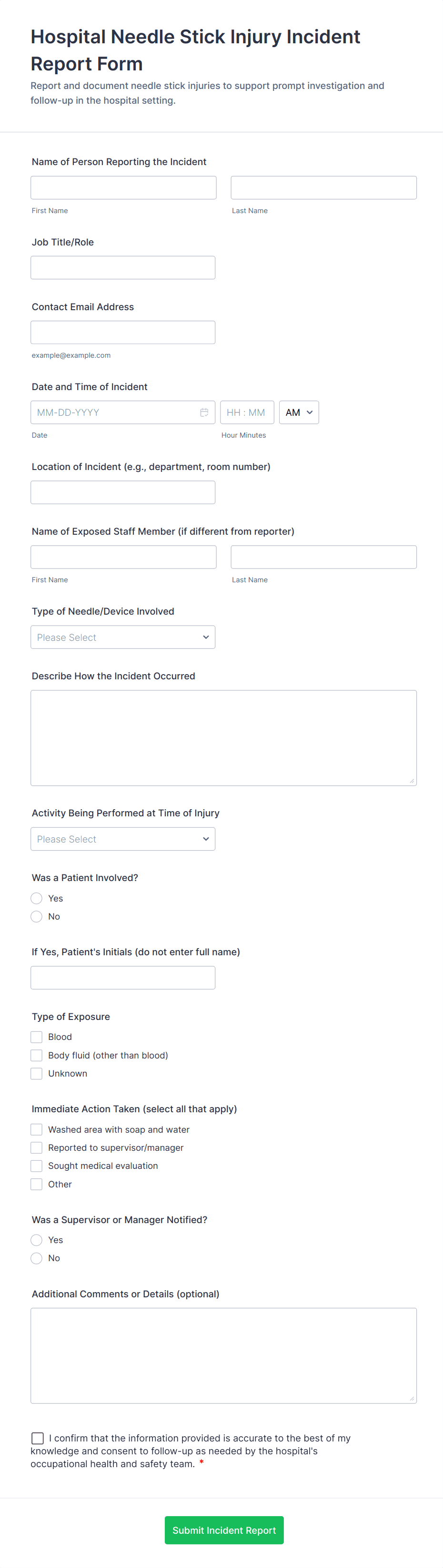 Hospital Needle Stick Injury Incident Report Form Template | Jotform