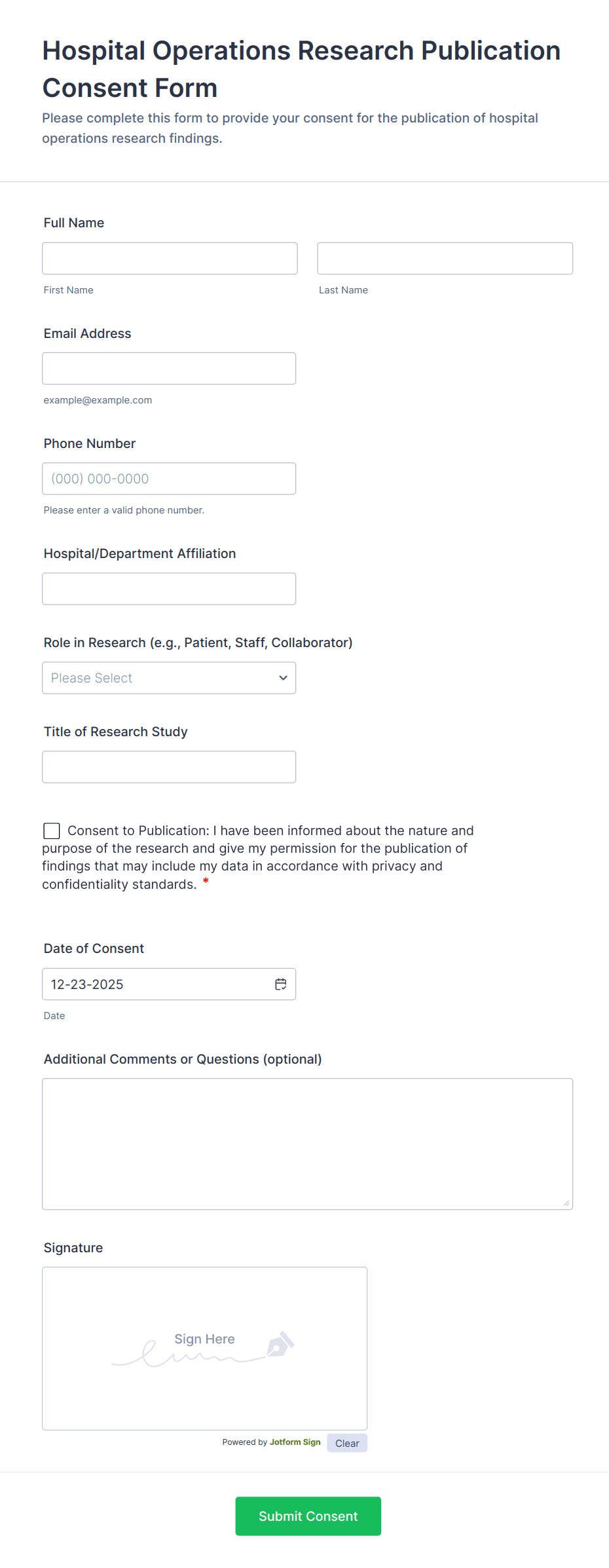 Hospital Operations Research Publication Consent Form Template | Jotform
