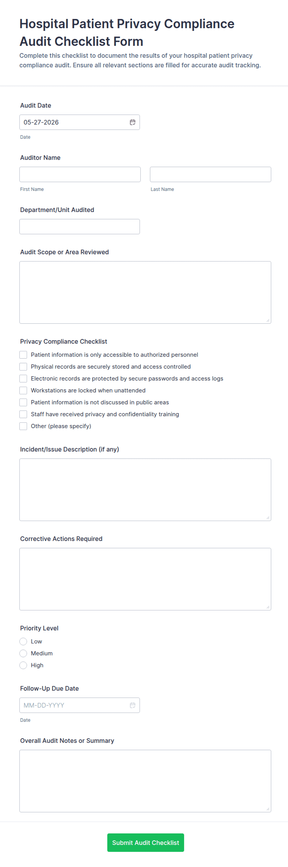 Hospital Patient Privacy Compliance Audit Checklist Form Template | Jotform