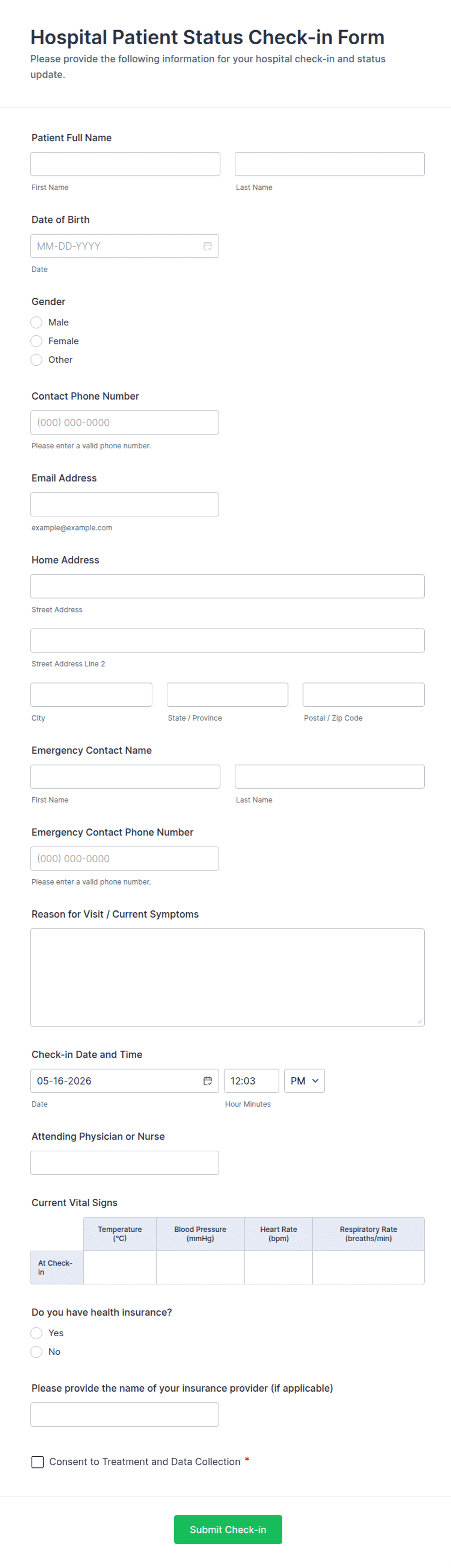 Hospital Patient Status Check-in Form Template | Jotform