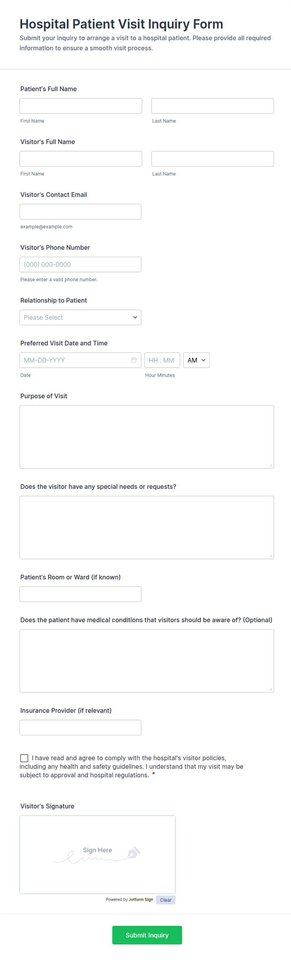 Hospital Patient Visit Inquiry Form Template | Jotform