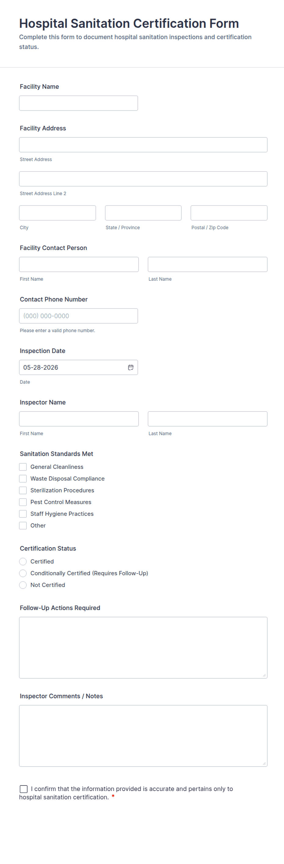 Hospital Sanitation Certification Form Template | Jotform