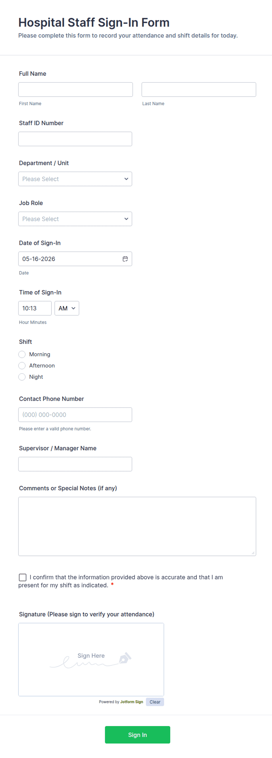 Hospital Staff Sign-In Form Template | Jotform