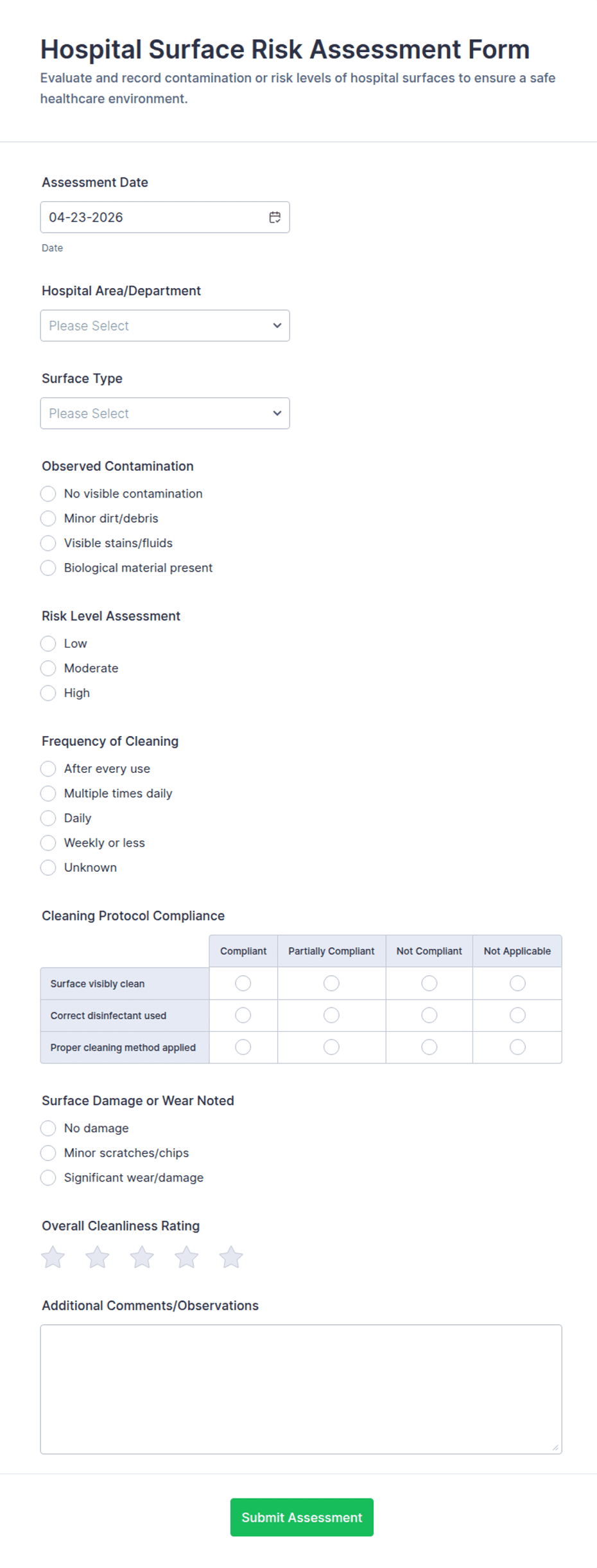 Hospital Surface Risk Assessment Form Template | Jotform