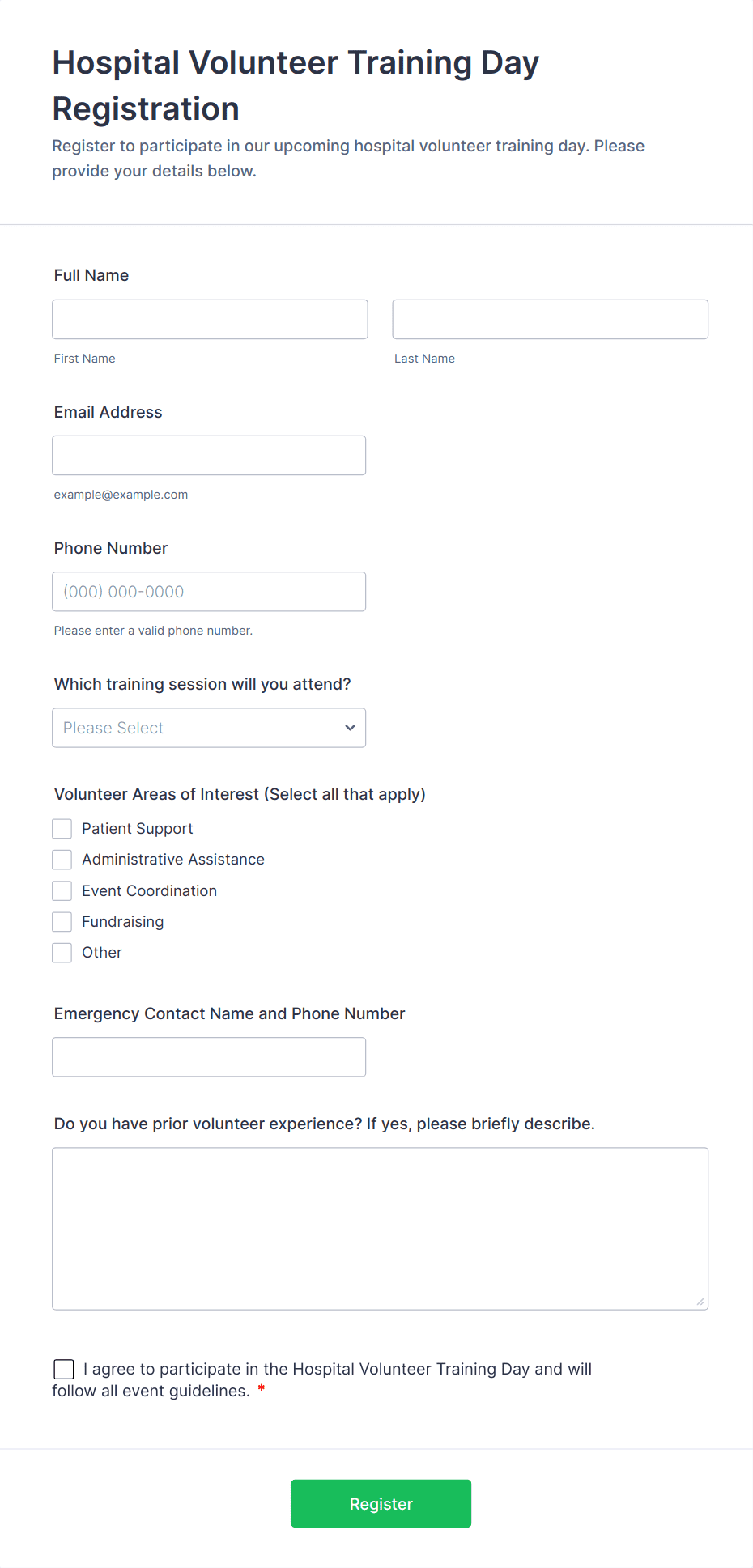 Hospital Volunteer Training Day Registration Form Template | Jotform