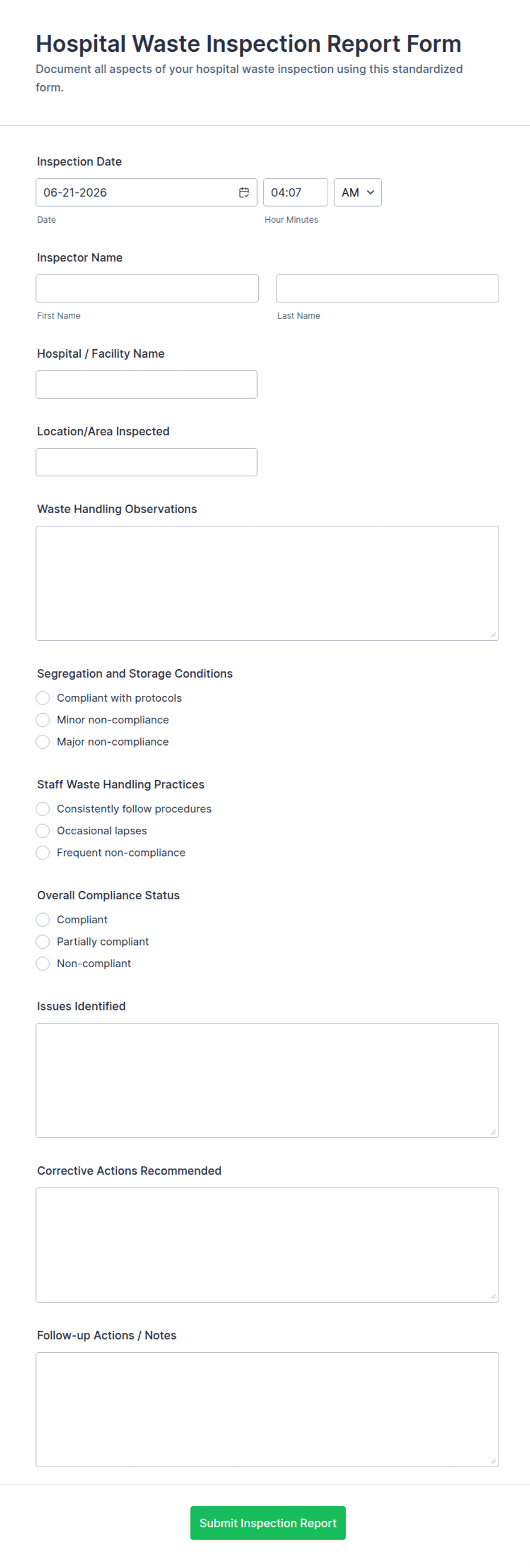 Hospital Waste Inspection Report Form Template | Jotform