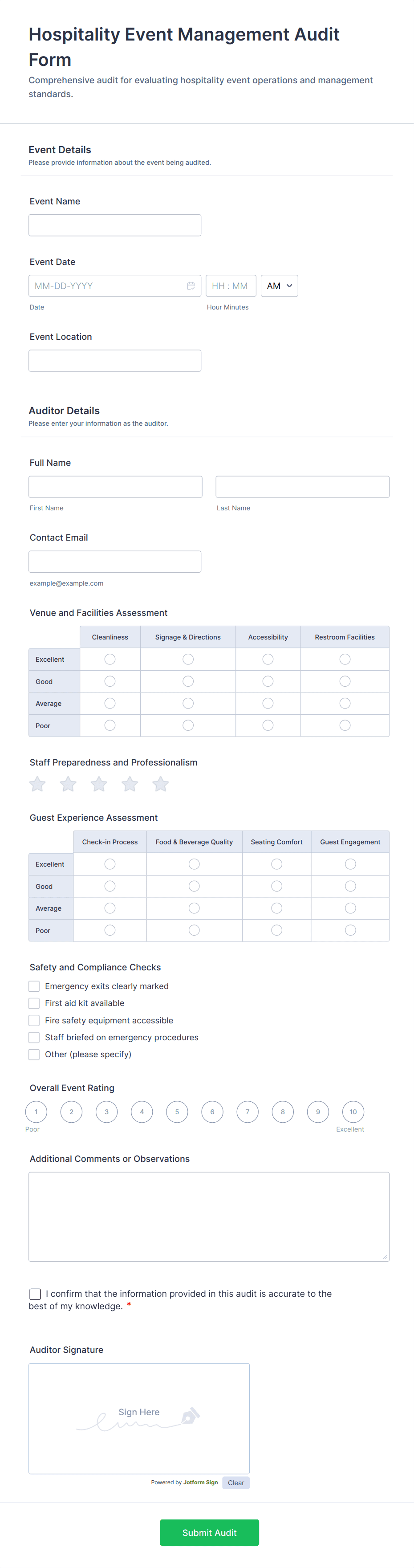 Hospitality Event Management Audit Form Form Template | Jotform