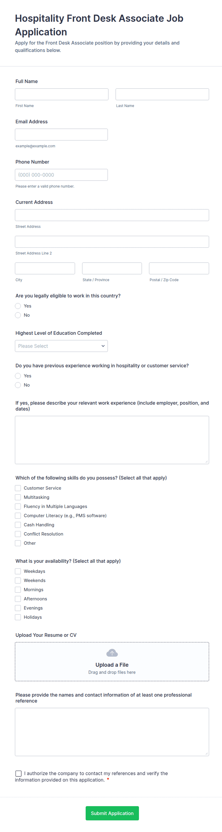 Hospitality Front Desk Associate Job Application Form Template | Jotform