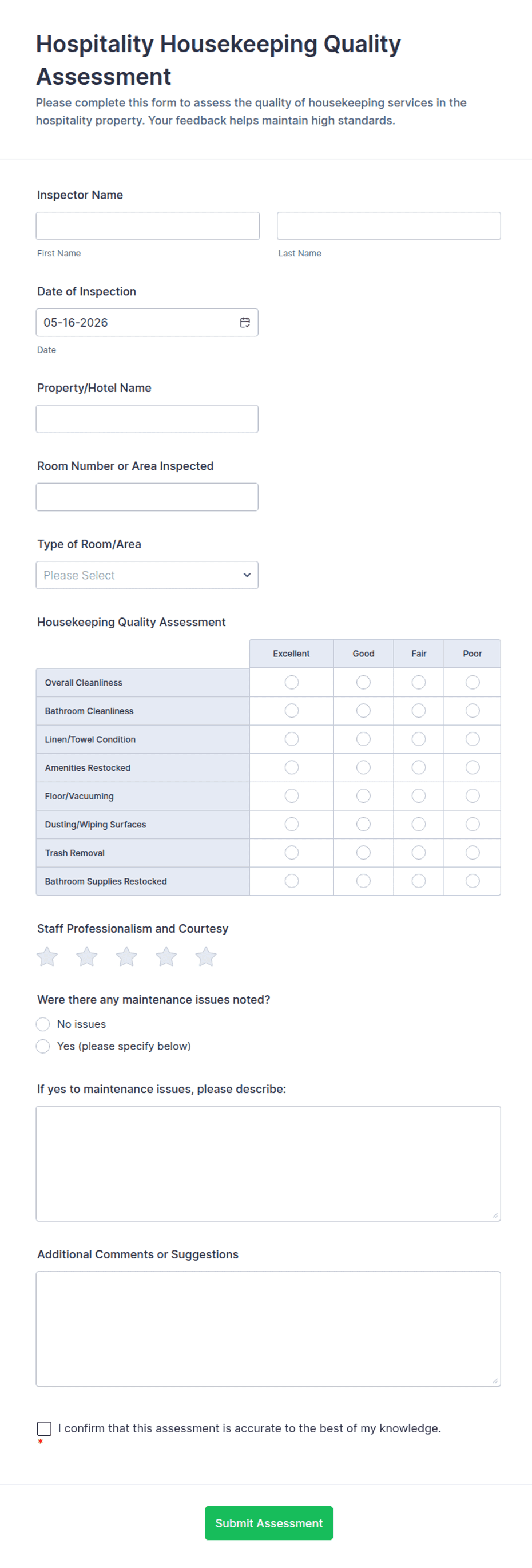 Hospitality Housekeeping Quality Assessment Form Template | Jotform